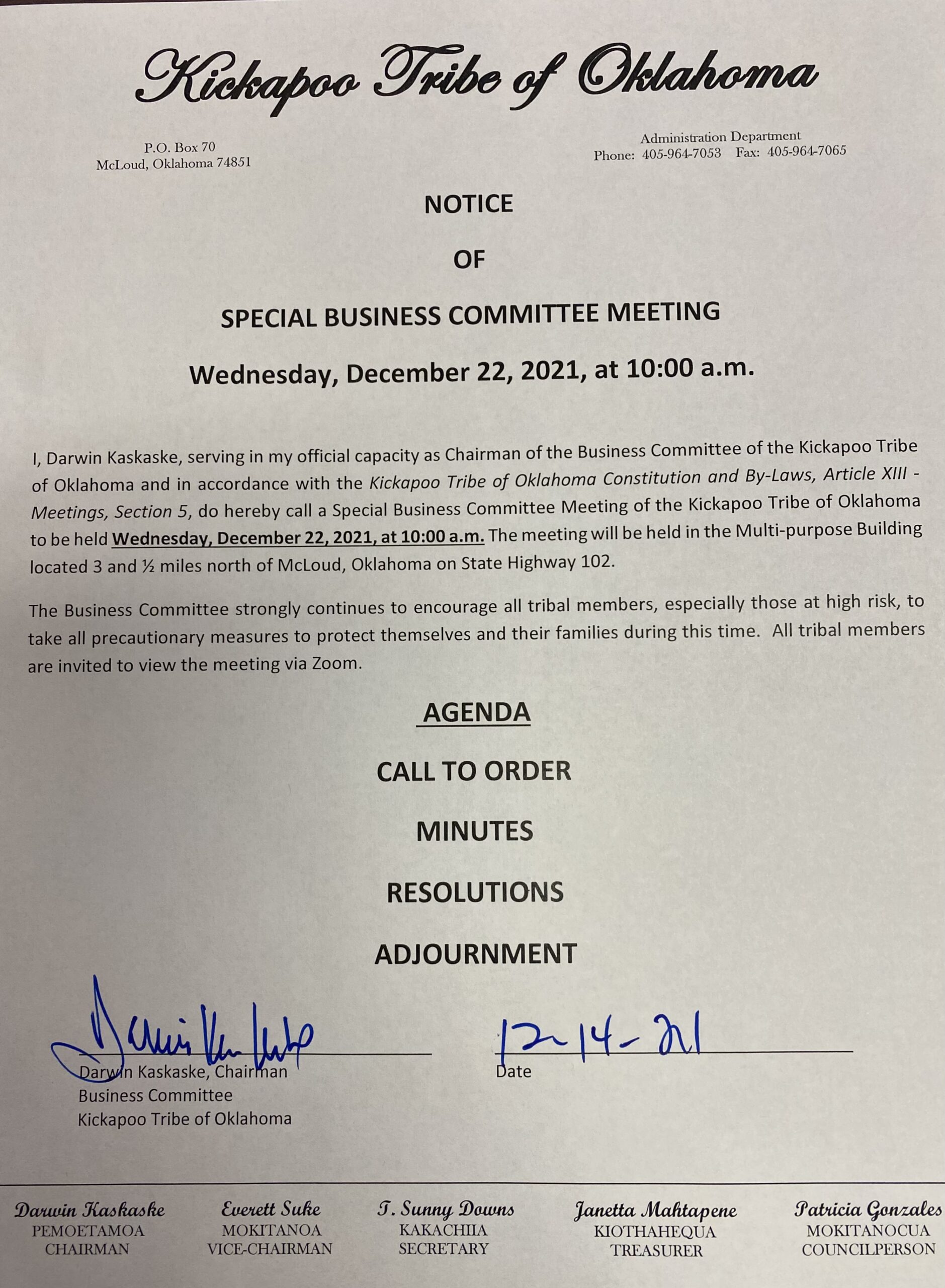 ***ANNOUNCEMENT*** SPECIAL BUSINESS COMMITTEE MEETING, WEDNESDAY, DEC ...