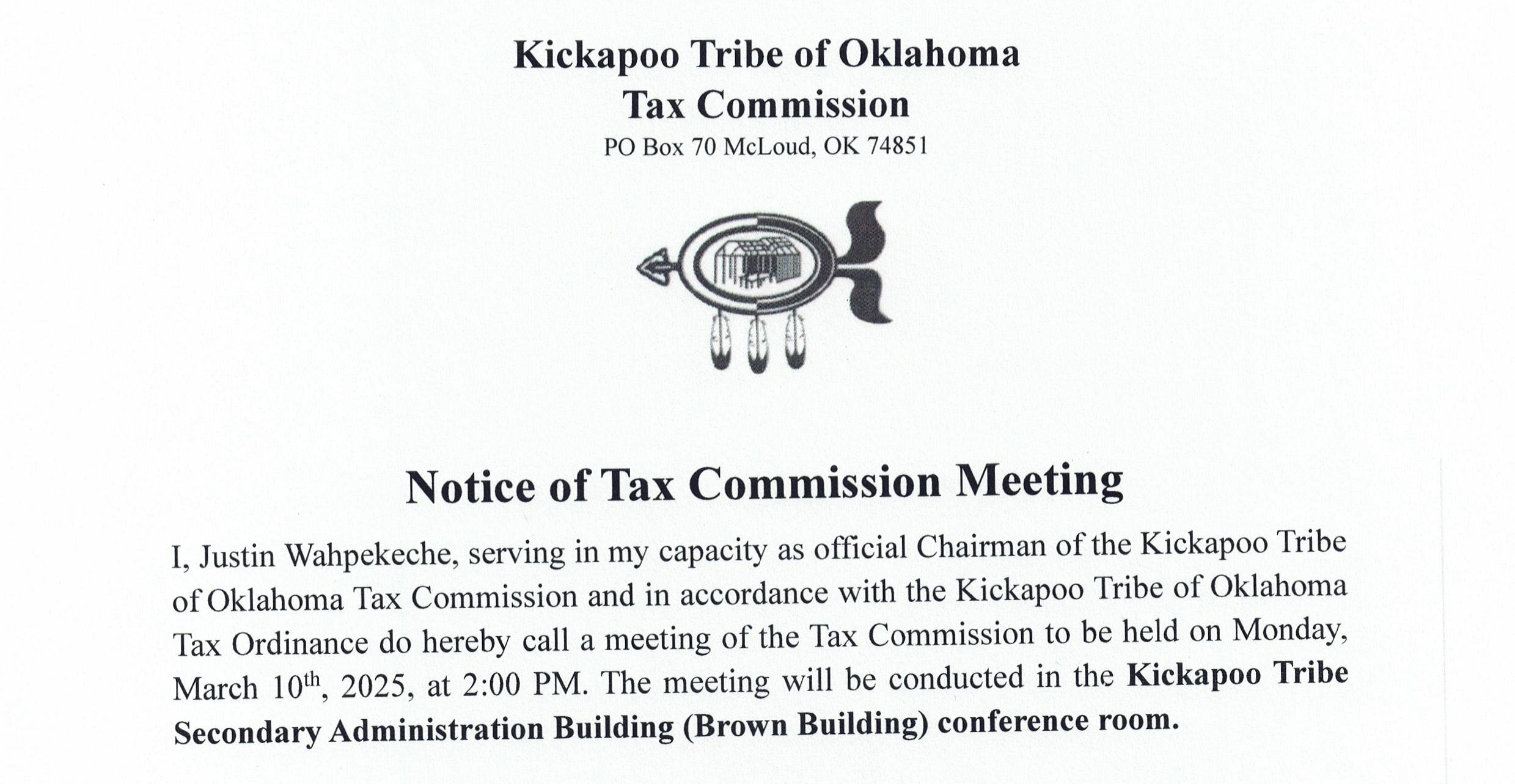 Notice of Tax Commission Meeting – Kickapoo Tribal Health Center